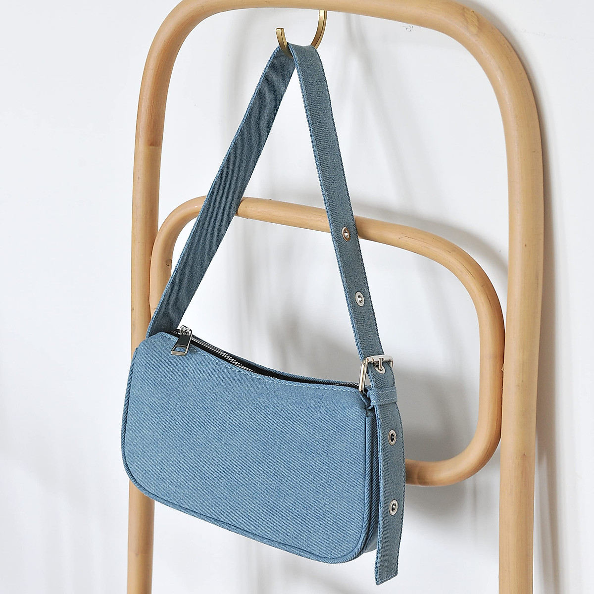 Denim 90s Shoulder Handbag Classic Women Purse with Grommets Adjustable Shoulder Strap Jeans Style Bag (Blue)