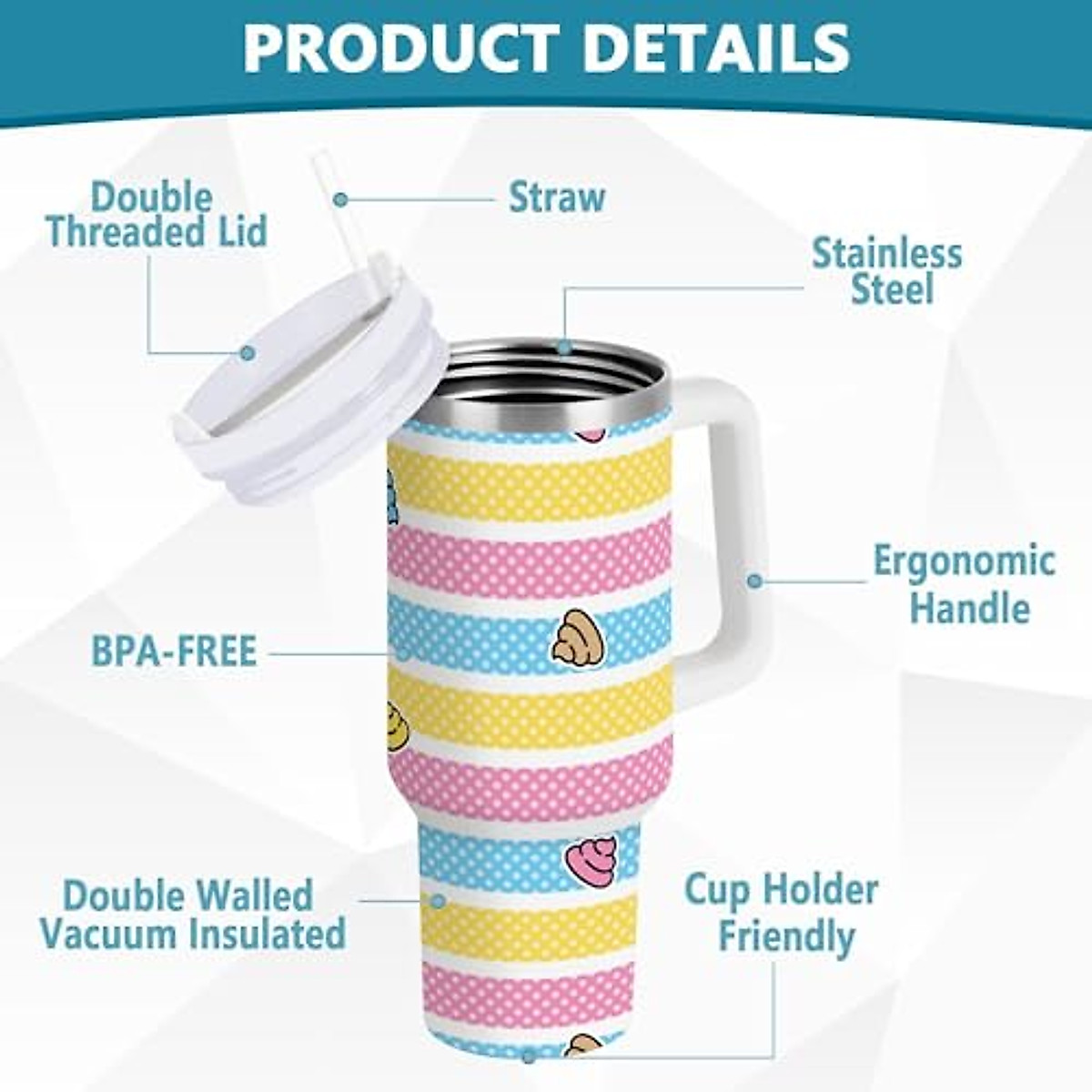 DIGTIA Stainless Steel Insulated Tumbler w/Handle & Straw, Poo Cartoon Double Wall Vacuum Travel Coffee Mug Cup w/Lid, Leak-Proof Sports Polka Dot Water Bottle,40oz