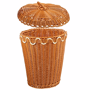Kichvoe Wicker Trash Can with Lid Small Trash Can Laundry Sundries Basket Rattan Waste Basket Rustic Boho Woven Garbage Bin Office Rubbish Can for Bedroom Bathroom Office