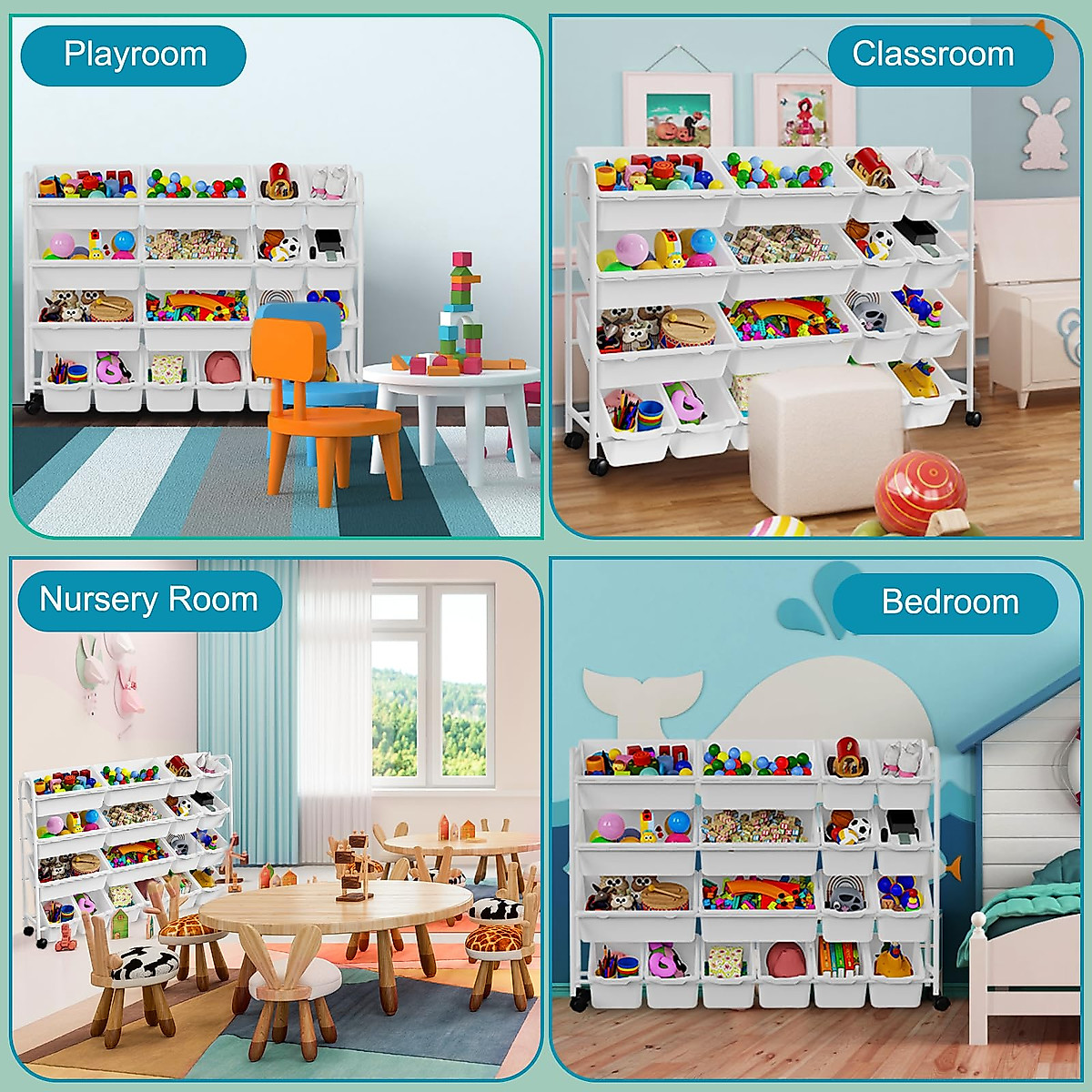 Kinembold Large Kids Toy Storage Organizer with 18 Toy Bins, Multi-Bin Organizer Shlef Rack for Books, Building Blocks, School Materials, Metal Toy Organizers, Kids Playroom Organizers and Storage