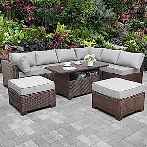 Lviden 9 Pieces Wicker Patio Furniture Set Outdoor PE Rattan Sectional Conversation Sofa Set with Grey Cushions and Storage Table