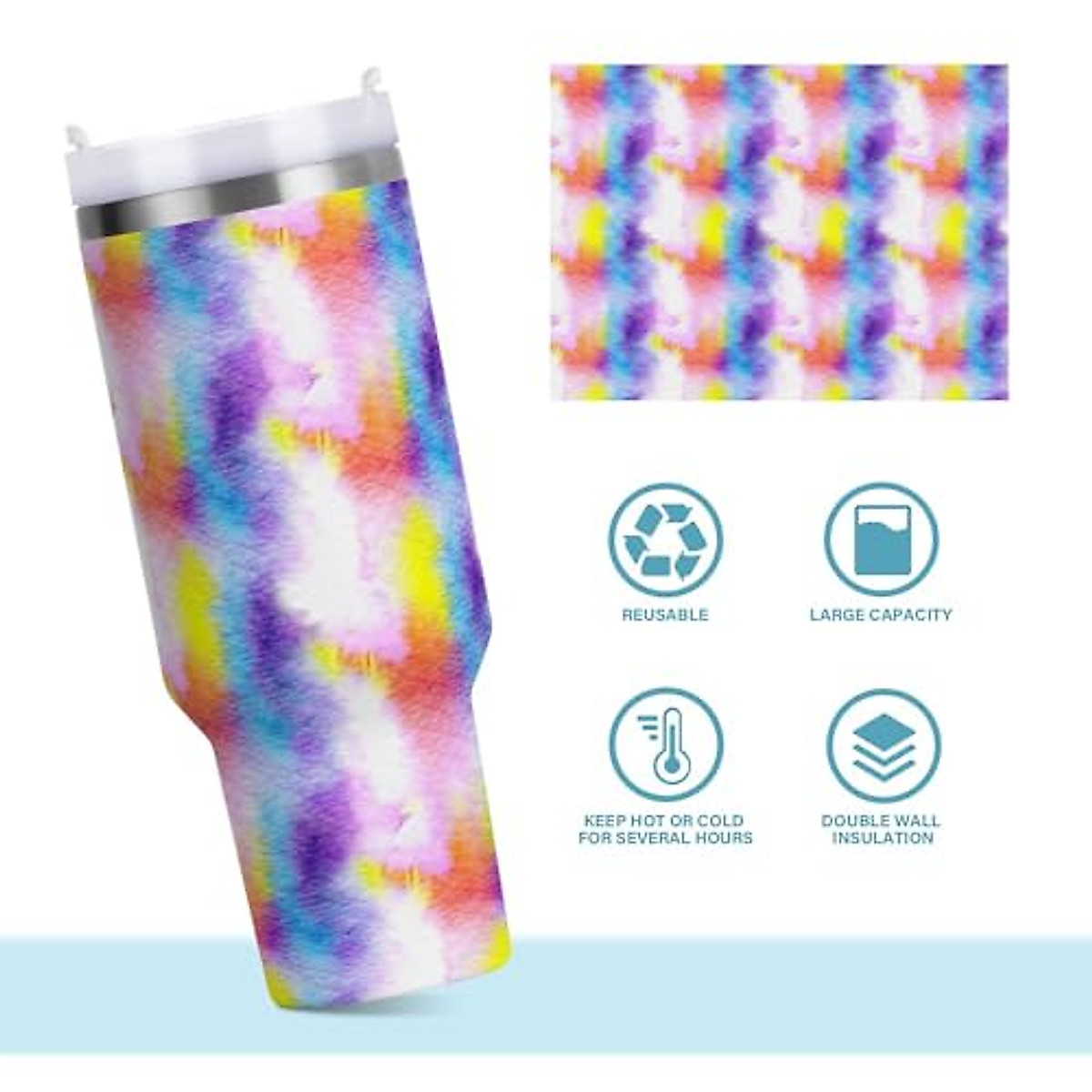 RPLIFE Dreamy Tie Dye Pastel Travel Coffee Tumbler, Stainless Steel Mug, Insulated Cup with Straw, Coffee Tumbler for Women