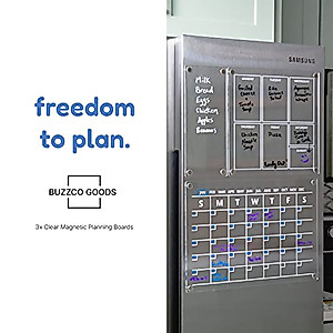 3 Planning Boards Clear White Acrylic Calendar for Fridge 8pc Set. Monthly Planner, Weekly Magnetic Calendar, Blank Dry Erase Board for Refrigerator, Magnet Markers, Eraser