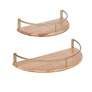 Kate and Laurel Camryn Boho Half Moon Wall Shelf Set, Set of 2, Natural Wood and Gold, Decorative Bohemian Half Circle Shelf for Household Storage and Boho Decor