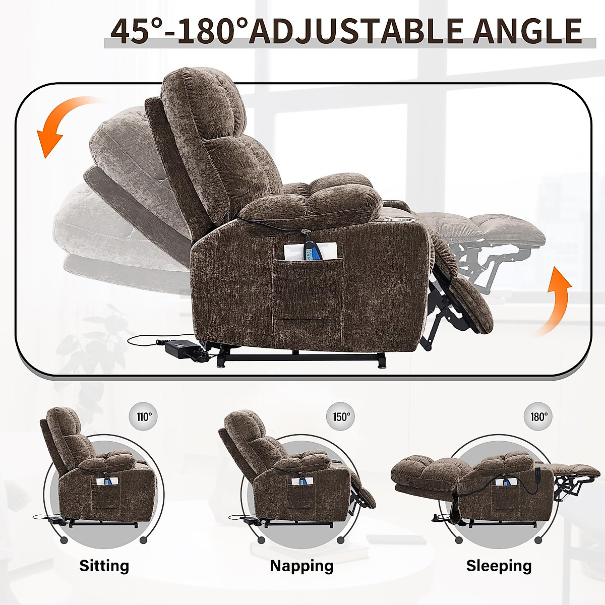 Plococo Lay Flat Sleeping Dual OKIN Motor Lift Recliner Chair with Vabriation Heat Massage for Elderly,Infinite Position Soft Fabric Power Electric Recliner Sofa Chair for Living Room, Brown, 9990