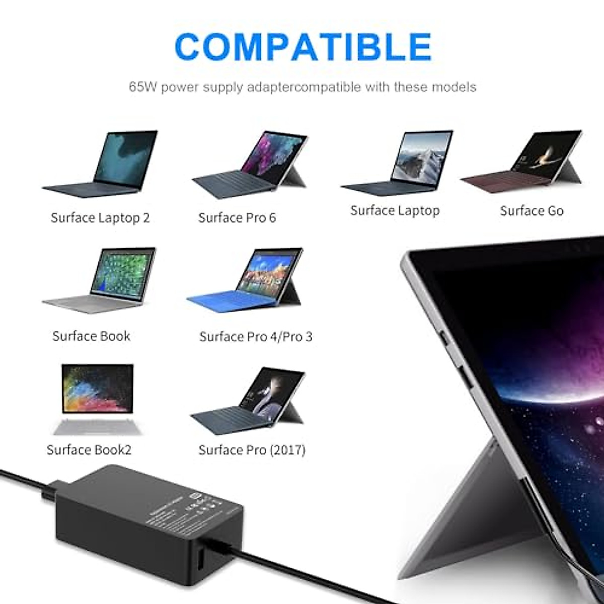 65W Surface Pro Charger for Microsoft Surface Pro 9 8 3 7 6 5 4 X Windows Surface Laptop Charger 5, 4, 3, 2, 1 Surface Go1, 2, Surface Book 3, 2, 1, with 5V 1A USB Charging Port, Support 44W, 36W, LED