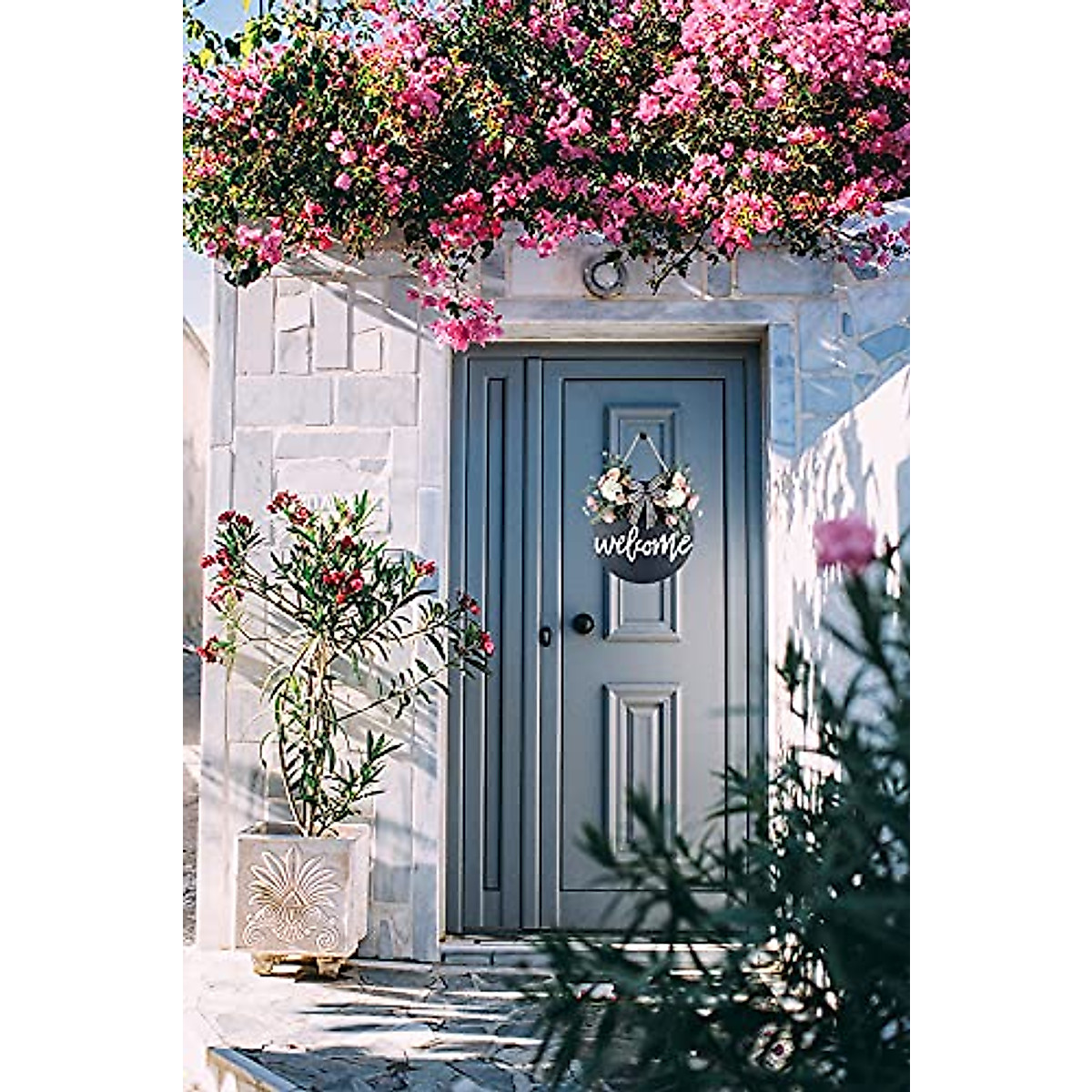 Welcome Sign for Front Door, Farmhouse Porch Décor Wooden Hanging Round Sign 12" Black-Floral