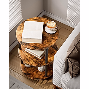 RISWER Round Side Table Living Room - Small Accent Table with 3 Tier Shelves, Rustic Wooden Couch End Table for Bedroom or Living Room, Reinforced Metal Legs, Easy to Assemble, Rustic Brown