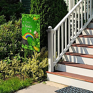 Happy St Patrick's Day Shamrock Spring Clover Lucky Rainbow Coin Pot House Flag 12.5" x 18" Double Sided Polyester Welcome Large Yard Garden Flag Banners for Patio Lawn Home Outdoor Decor-L33