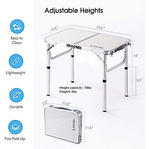 Folding Camp Table Small, 24''L x16''W with Adjustable Height Legs, Indoor Outdoor Lightweight Portable Aluminum Dining Table for Picnic Camping 2-Feet（2 Heights 10"/19"）