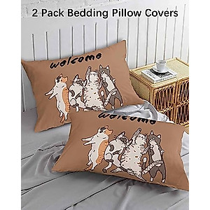 Edwiinsa Cute Cat Pillow Covers King Standard Set of 2 20x36 Bed Pillow, Welcome Farmhouse Animals Brown Plush Soft Comfort for Hair/Skin Cooling Pillowcases with Envelop Closure