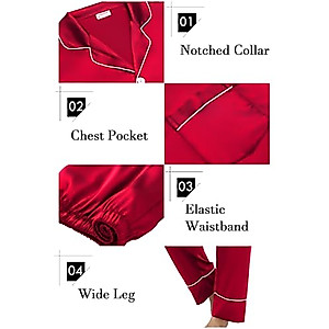 SWOMOG Womens Satin Pajamas Long Sleeve Sleepwear Silk Soft Button Down Loungewear Pjs Set S-XXL Reda Medium