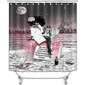 4 Pcs Perfume Paris Girl Shower Curtain Sets with 12 Hooks Waterproof Polyester Bathroom Sets with Rugs and Accessories-Bath Mat,Toilet Lid Cover,U-Shaped Mat,Black Girl Shower Curtain for Bathroom
