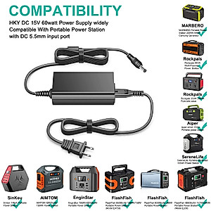HKY 15V 60W AC Adapter for Anker Powerhouse 200,Rockpals WCE001 RP250W 250W 240Wh K53 350W 288Wh EnginStar SinKeu FlashFish CHAFON AIPER AIMTOM Portable Power Station Solar Generator Power Supply Cord
