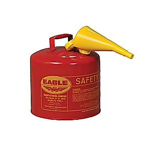 Eagle 5 Gallon Type I Red Safety Gas Can for Gasoline with Flame Arrester, Self-Closing Lid, and F-15 Funnel, Made in the USA, Galvanized Steel Flammable Storage Can, UI50FS
