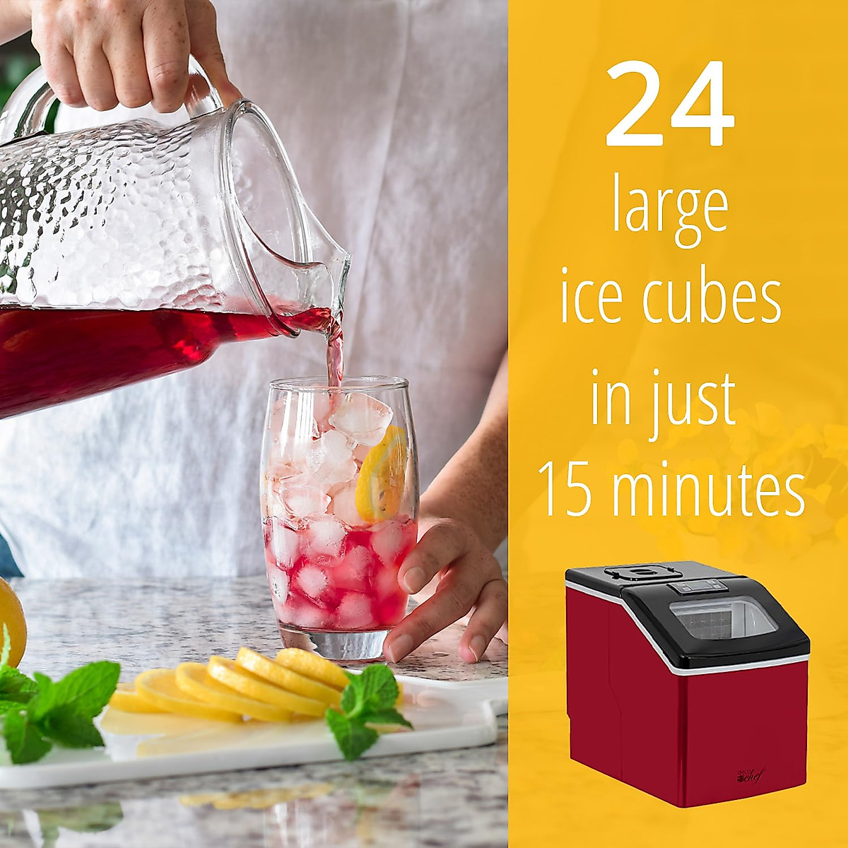 Deco Chef 40LB Countertop Ice Maker for Home, Office, Bars, and Parties, Makes Extra Large Cubes, 2.4 lb of Ice Every 15-20 Minutes, Self Cleaning, LCD Status Indicator, Adjustable Cube Size, Red
