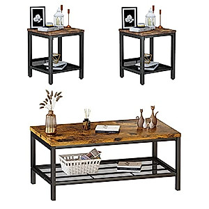 AWQM 3 Pieces Coffee Table Set, Industrial Coffee Table with 2 Square End Side Tables, Modern Living Room Table Set with Metal Frame for Apartment Home Office, Rustic Brown
