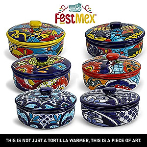 FESTMEX Genuine Mexican Talavera Hand Painted Tortillero Ceramic Tortilla warmer bowl with lid Handmade in Mexico by Artisans (Blue)