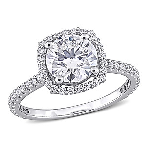 Abbie+Cleo Round Shape Created White Moissanite Gemstone Halo Statement Ring in 10K White Gold, Size 5