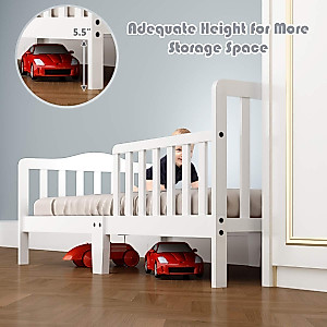 Costzon Toddler Bed, Classic Wood Kids Bed Frame w/Double Safety Guardrail, Low to Floor Design, Wooden Slat Support, Fits Full Size Crib Mattress, Bedroom Furniture for Boys & Girls (White)