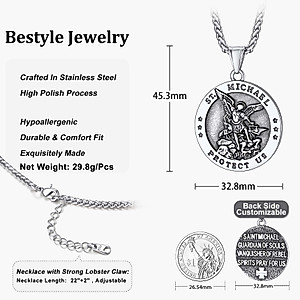 Bestyle Chunky St Michael Necklace Stainless Steel Round Saint Michael Medal Icon Protection Necklace with 3 mm 22+2 In Long Spiga Chain