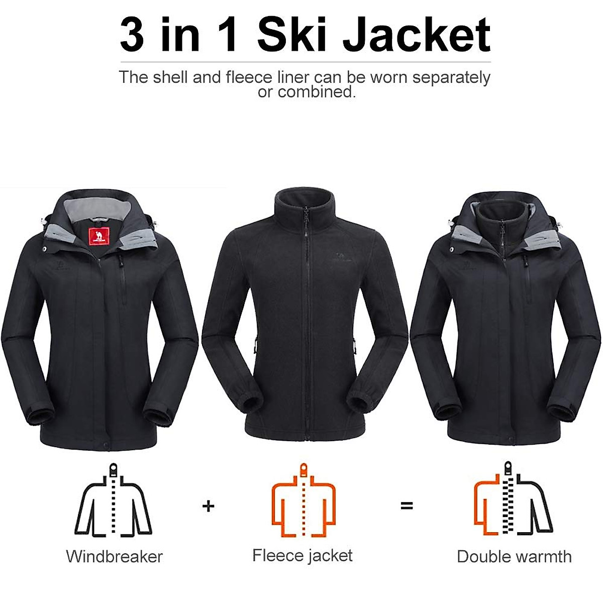 CAMEL CROWN Women's Ski Jacket Waterproof 3 in 1 Winter Jacket Windproof Warm Fleece Hooded Snowboard Mountain Snow Coat