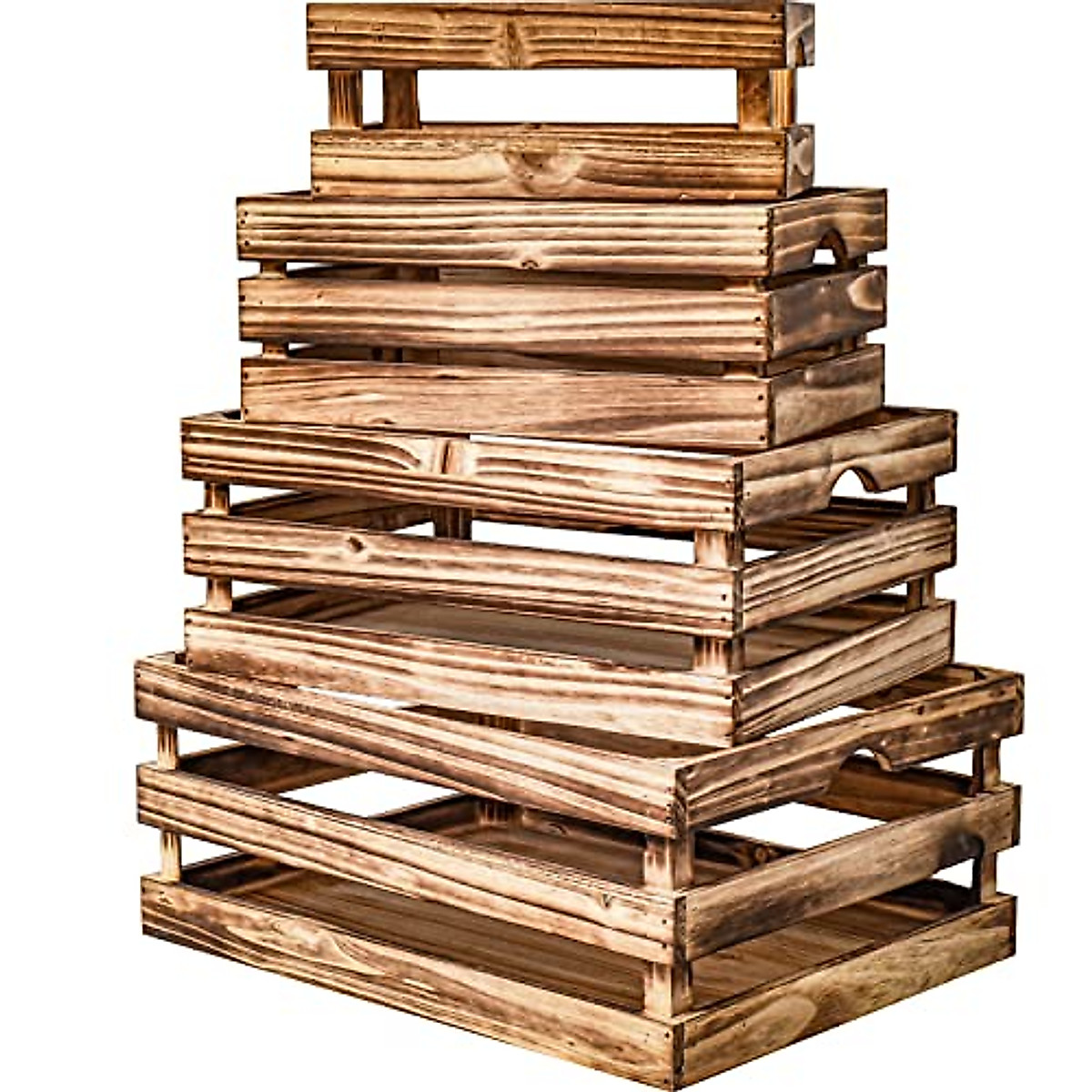 MACVAD Set of 4 Large Torched Wood Decorative Storage Crates, Nesting Wooden Crates for Display Rustic, Farmhouse Wooden Storage Container Boxes Made from 100% Wood