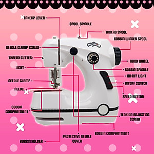 Miraculous Ladybug - Marinette's Mini Sewing Machine For Beginners And Kids, Dual Speed Portable Machine with Miraculous Fabric, Black Mannequin, Superhero Mask Cutouts, And Foot Pedal (Wyncor)
