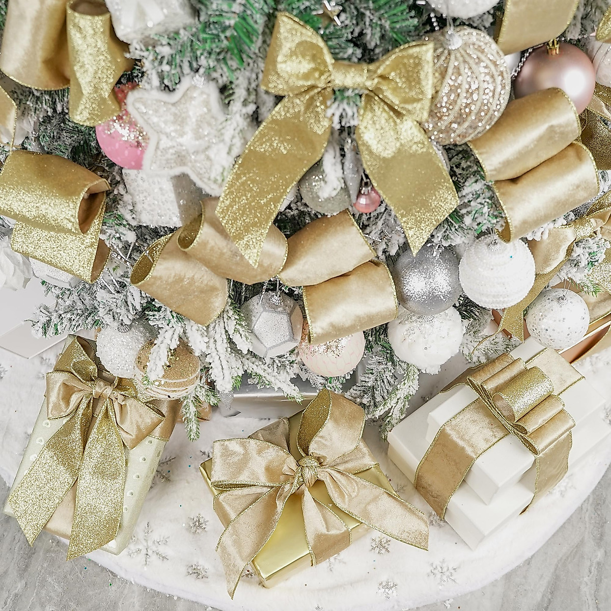 HUIHUANG Champagne Velvet Wired Ribbon 2-1/2" Champagne Gold Christmas Ribbon with Glitter Gold Backing, for Christmas Tree, Tree Top Bows, Wreaths, Graland, Home Decor, Crafts-10 Yards