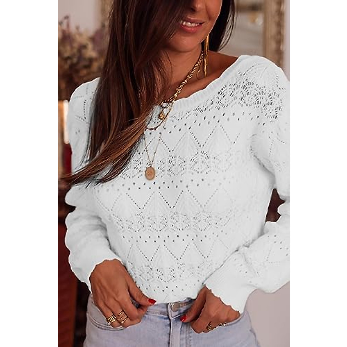 Dokotoo Womens Tops Sweaters Ladies V Neck Pullover Stylish Casual 2023 Fall Winter Long Sleeve Oversized Lightweight Comfy Cable Knit Pullover Cropped White