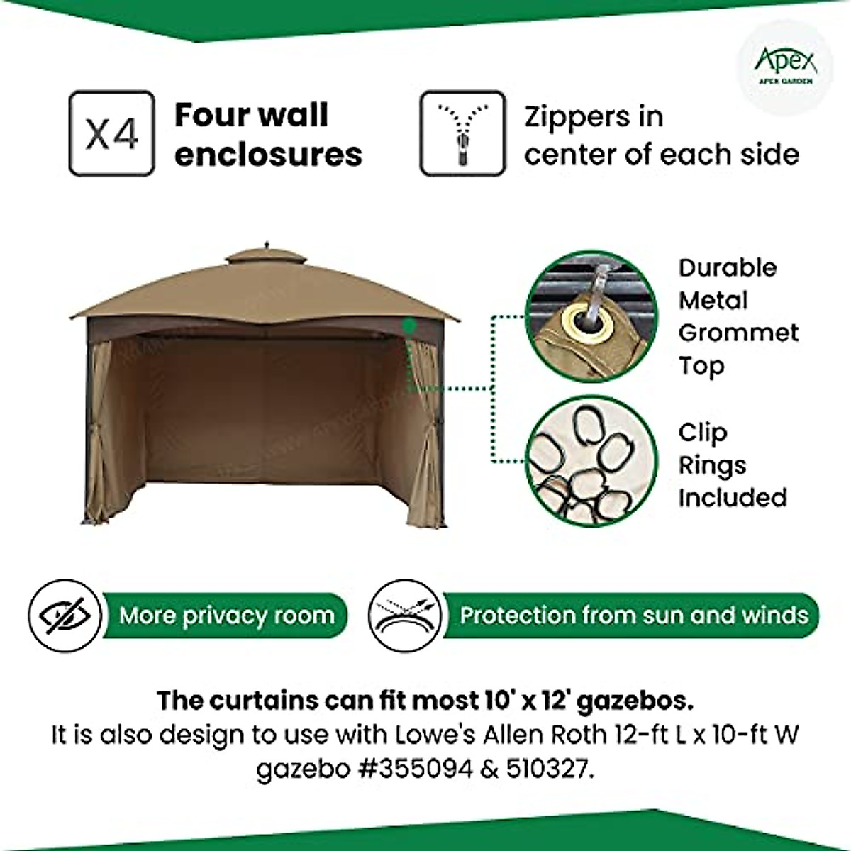 APEX GARDEN Four-Side Privacy Curtain Set for 10-Ft x 12-Ft Gazebo (Grey)