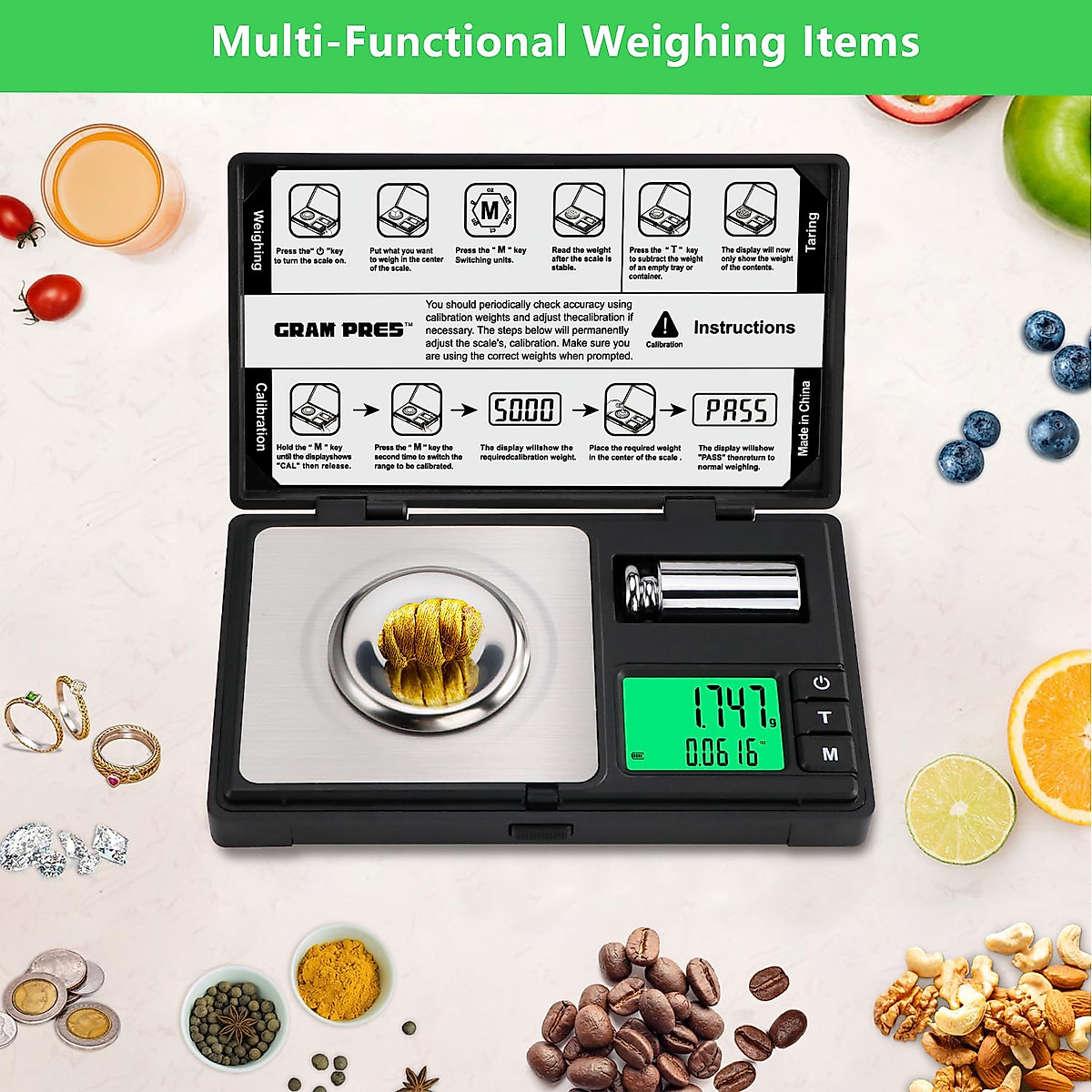 GRAM PRES High Precision Milligram Scale,50g/0.001g Digital Mini Pocket Gram Scale,Mg Scale for Weighing Powders,Jewelry, Medicine, Gem, Reloading, with Cal Weight, Tweezer ，Tray and Scoop