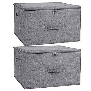ANMINY 2PCS Storage Bins with Zipper Lid Handles Storage Boxes PP Plastic Board Foldable Lidded Cotton Linen Fabric Home Cubes Baskets Closet Clothes Organizer Containers - Gray, Large Size