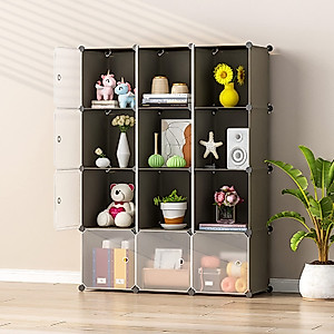 Aeitc Cube Storage Organizer 12-Cube (13.8"x13.8") Clothes Organizer Closet Storage Shelves Plastic Storage Shelving for Bedroom, Living Room, Office, Brown with Transparent Doors