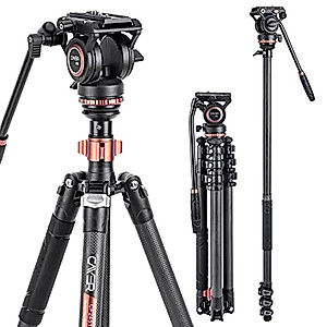 Cayer CF2451 Video Tripod 77 inches Carbon Fiber Tripod Leg with Fluid Drag Head, 4-Section Compact DSLR Tripod Convertible to Monopod for DSLR Camera, Video Camcorder