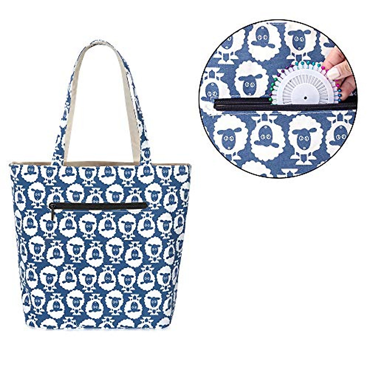 YARWO Knitting Bag with Small Zipper Pouch, Yarn Tote for Knitting Needles, Skeins of Yarn and Knitting Supplies On The Go, Sheep (Patented Design)