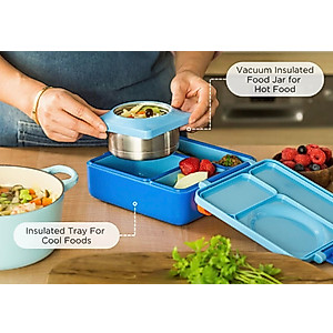 OmieBox Bento Box for Kids - Insulated Lunch Box with Leak Proof Thermos Food Jar - 3 Compartments, Two Temperature Zones (Sky Blue) (Single) (Packaging May Vary)