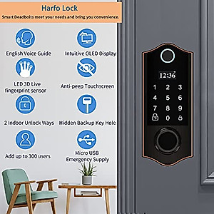 HARFO Fingerprint Door Lock, Keyless Entry Door Lock with Handles, Smart Door Lock, Front Door Lock Handle Sets, Electronic Keypad Deadbolt (Aged Bronze)