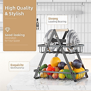 Foensc 2 Tier Fruit Basket, Upgraded Fruit Bowl, Detachable Metal Fruit Holder Vegetable Basket for Kitchen Counter, Large Capacity Fruit Storage Stand Organizer for Produce Bread Snack, Black