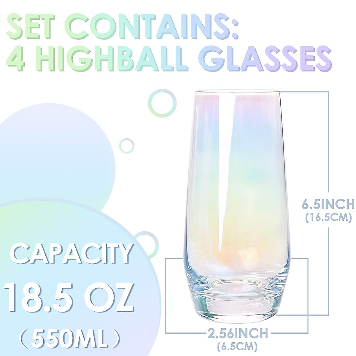 Swetwiny Colorful Highball Glasses, 18.5 Ounce Iridescent Glassware Set of 4 Lead-Free Crystal Glassware for Mixed Drinks, Juice, Cocktail, Gift Package (Colorful)