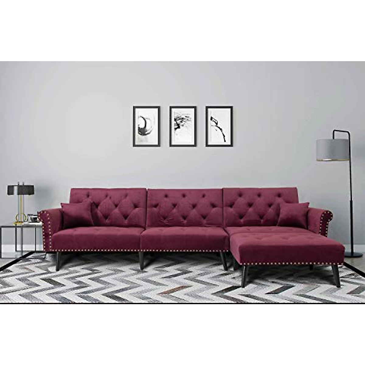 Peciafy Modern Reversible Sectional Sofa Couch for Living Room L-Shape Sofa Couch 3-seat Sofas Solid Wood Legs for Small Space, Decor with Metal Nails - Wine Red