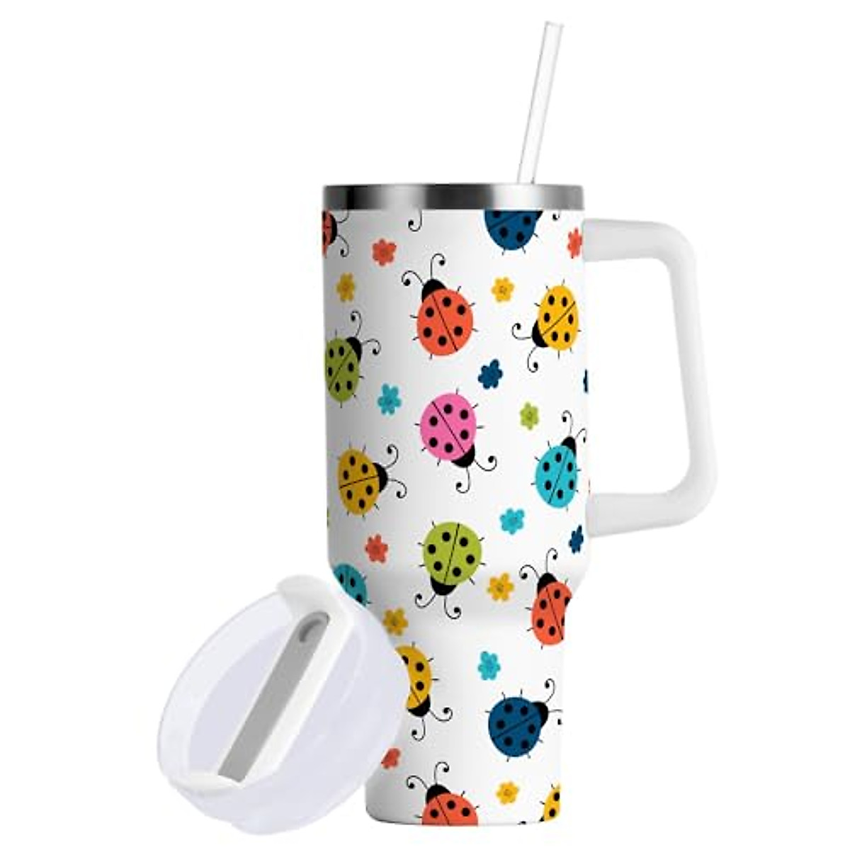 ARGTILDN 30 oz Tumbler Colorful Ladybugs Flowers Insulated Travel Mug with Handle and Straw Lid Stainless Steel Vacuum Coffee Cup Tea Beverage Container Water Bottles for Car Sports office
