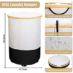 105L Laundry Hamper with Wheels, Collapsible Round Laundry Basket with Lid, Easy Transportation Laundry Organizer with Bamboo Handle for Storage