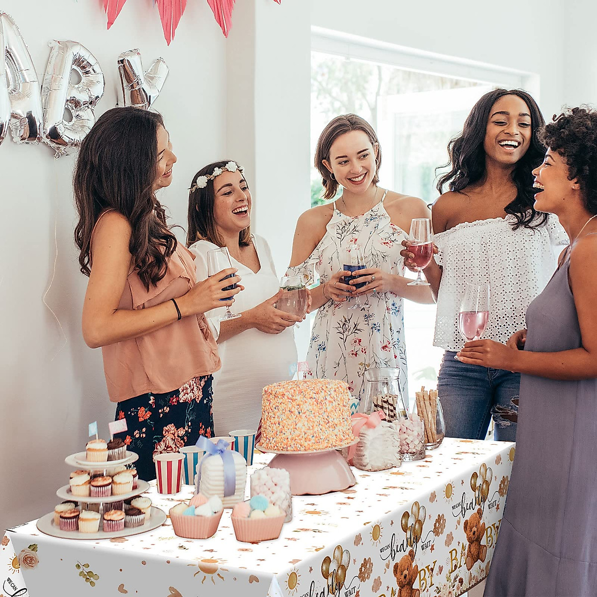 Tatuo 3 Pcs We Can Bearly Wait Baby Shower Tablecloth Decorations Teddy Bear Table Cover Balloon Bear Plastic Tablecloth for Bear Theme Birthday Baby Shower Party Decor, 54 x 108 Inch