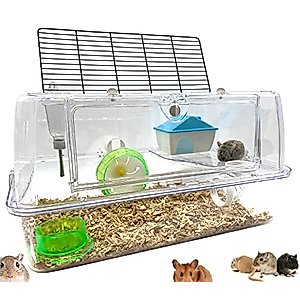 Deluxe 2-Tiers Acrylic Dwarf Hamster Home Mouse Gerbil Palace Rat Habitat Cage Running Wheel Water Bottle Food Bowl (19" x 12" x 11"H, Acrylic Clear)