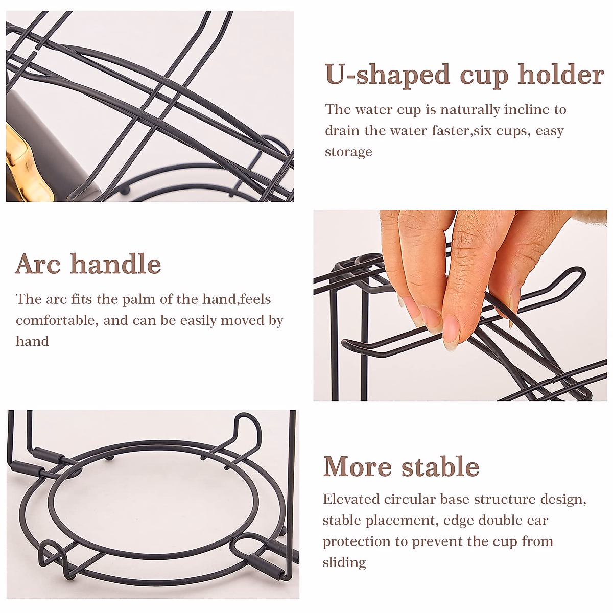 CHILDIKE Coffee Cup Rack, Tea Cup Holder Stand Dishes Organizer, Teacup Display Stand, Iron Tea Set Basket Holder Cup Drying Rack for Counter (Black)