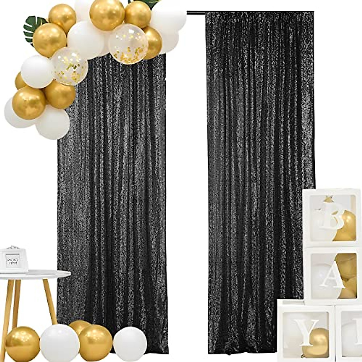 Hahuho Black Sequin Backdrop Curtain, 2PCS 2FTx8FT Glitter Backdrop Curtain for Parties, Christmas, Wedding, Party Decoration（2 Panels, 2FT x 8FT, Black