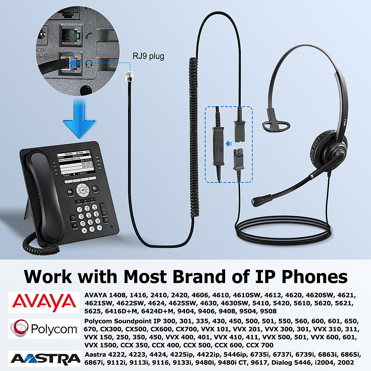 MKJ Call Center Headset with Microphone, Telephone Headset for Office Phone Corded RJ9, Wired Headphone for Landline Altigen Polycom Gigaset Avaya 1408 Aastra 6573i AudioCodes Toshiba Fanvil etc