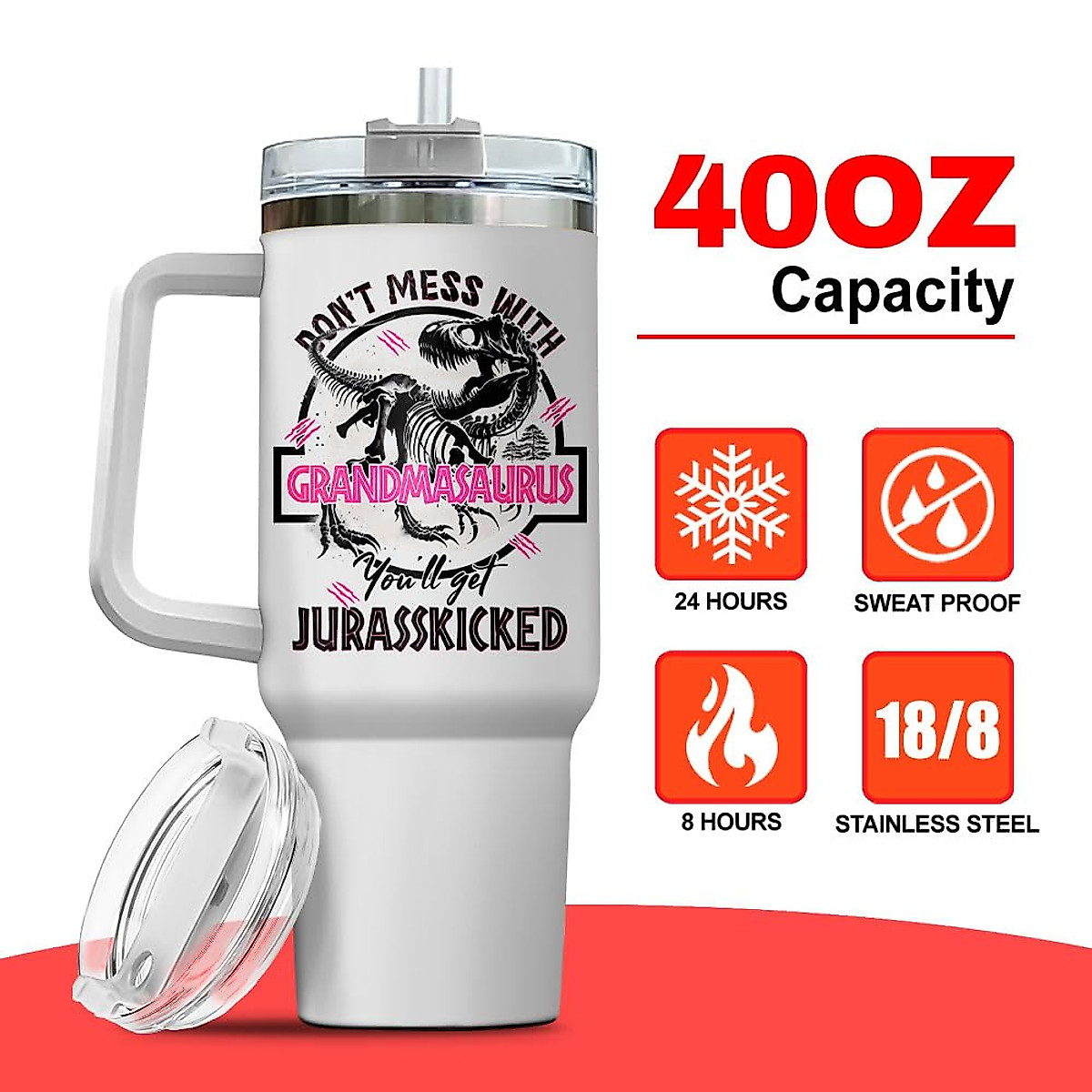 VAATOO Tumbler 40 Oz With Handle Lid And Straw, Grandmasaurus Nutrition Facts, Grandmasaurus Gifts, Nana Grandma Cups Coffee Handle Sippy Tumblers Granny Great Water Cup Grandmas