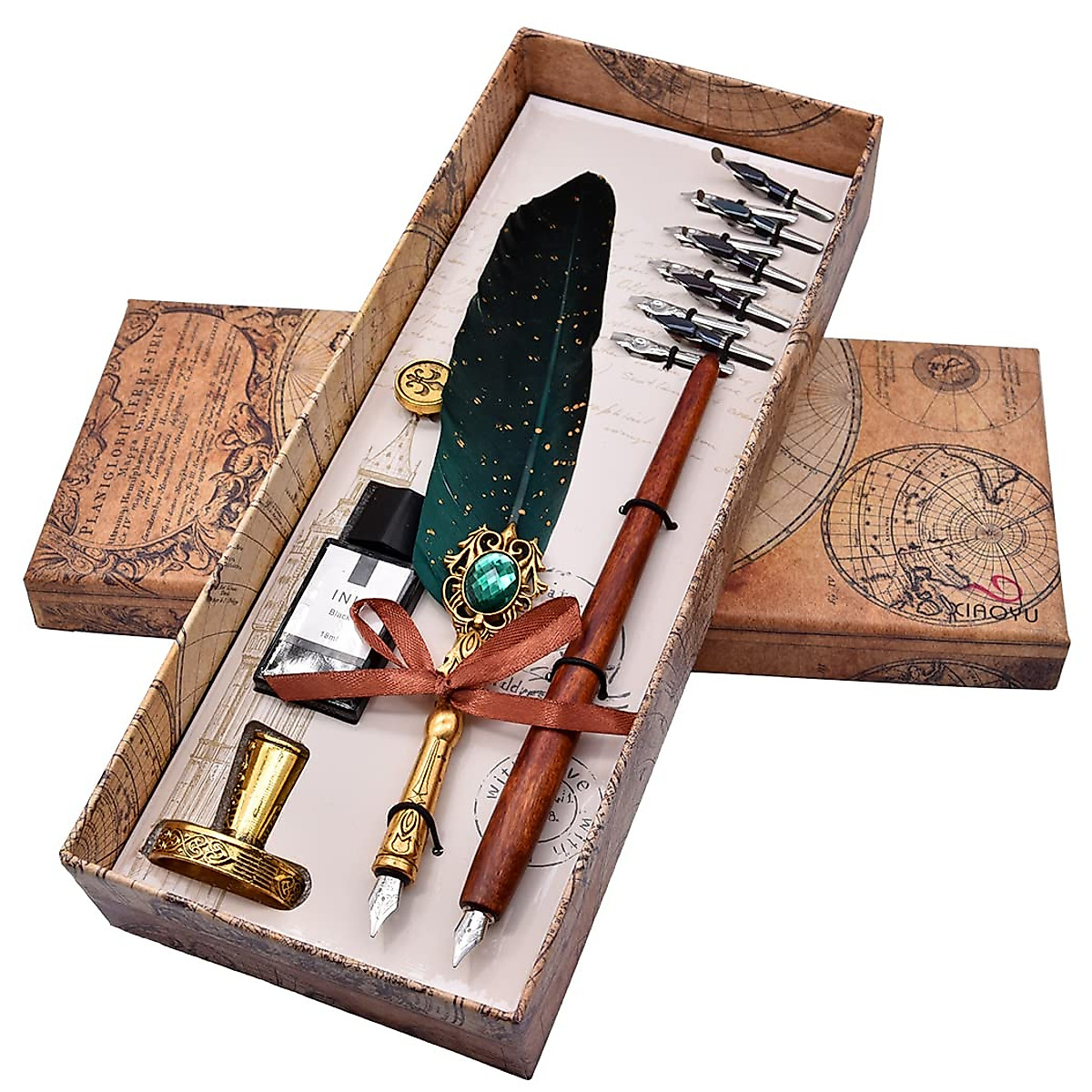 XIAOYU Feather Calligraphy Pen Ink Set, incluedes Quill Pen and Wooden Dip Pen, 10 Replacement Nibs, Ink & Pen Nib Base for Writing, Drawing, Signature, Green